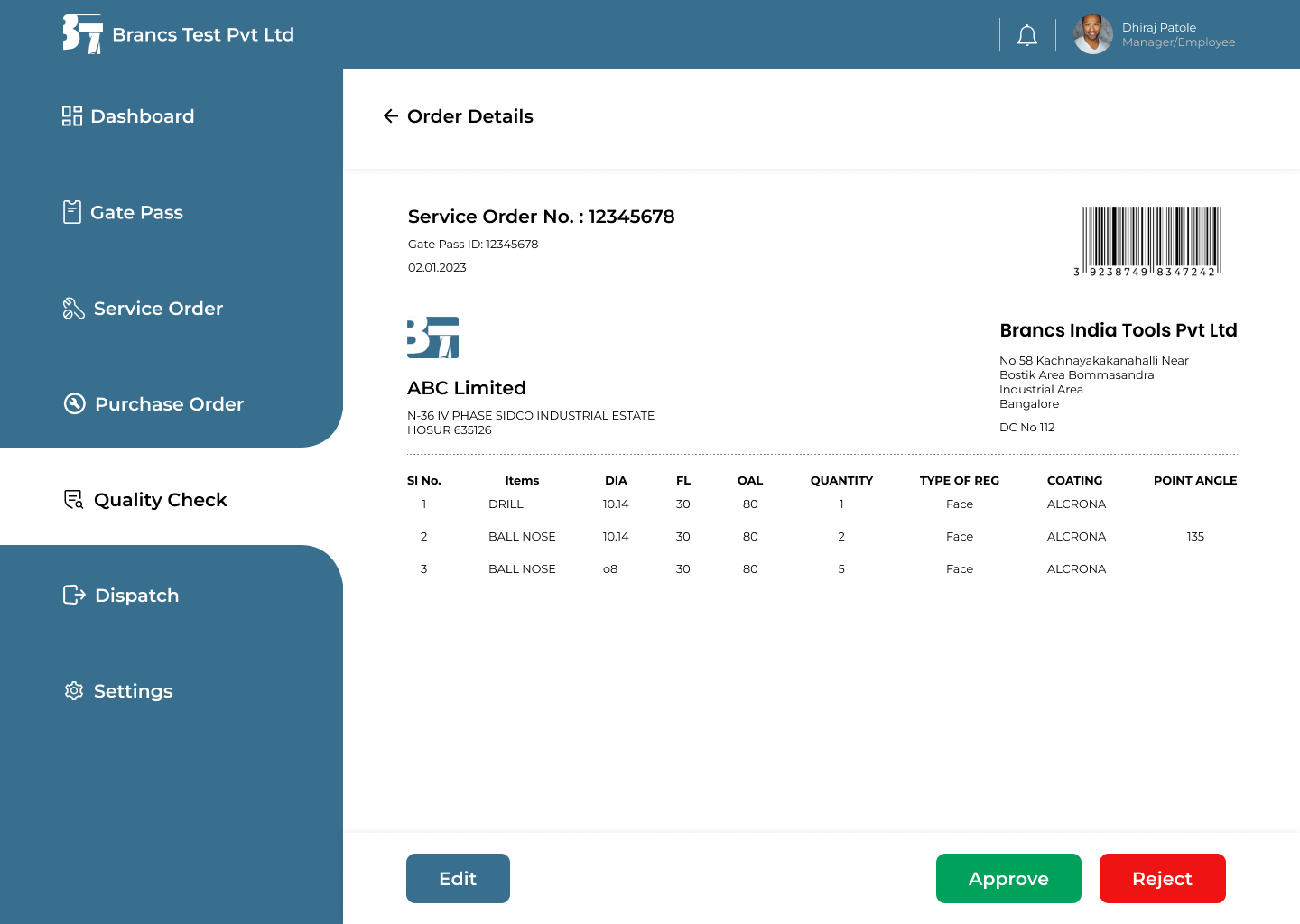ERP for Brancs India Tools Pvt Ltd